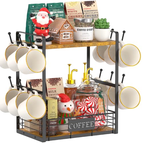 EsLuker.ly 2 Tier Coffee Bar Organizer Countertop Station Shelf for Home Office, Multi-functional Coffee Mug Cup Holder Stand, Accessory Storage Rack with 12 Hooks, Space-Saving Coffee Nook Enhancer