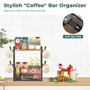 EsLuker.ly 2 Tier Coffee Bar Organizer Countertop Station Shelf for Home Office, Multi-functional Coffee Mug Cup Holder Stand, Accessory Storage Rack with 12 Hooks, Space-Saving Coffee Nook Enhancer