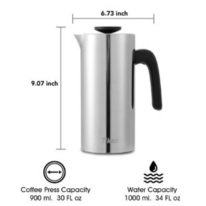 Tiken French Press Coffee Maker Stainless Steel Double-wall Vacuum Insulated Coffee Press Dishwasher Safe, 34Oz Silver