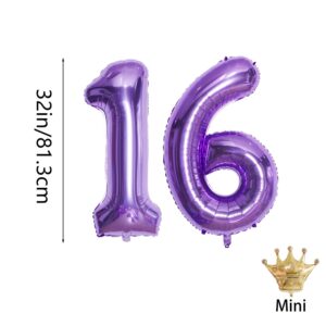 YFHVJTKO 32 Inch Number 16 Gold Crown Balloon Set,16th Celebration Decorations for Happy 16th Birthday Party Wedding Bridal Shower Engagement Photo Shoot Anniversary Decoration, Purple 16 Balloon