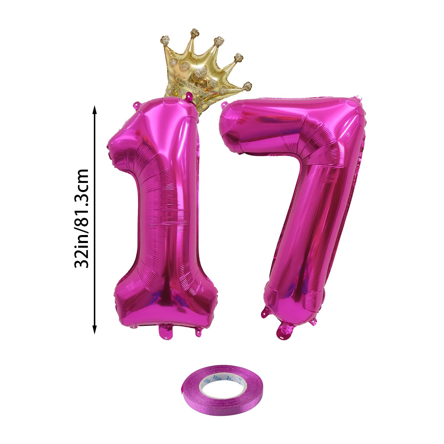 YFHVJTKO 32 Inch Number 17 Gold Crown Balloon Set,17th Celebration Decorations for Happy 17th Birthday Party Wedding Bridal Shower Engagement Photo Shoot Anniversary Decoration, Rose Red 17 Balloon