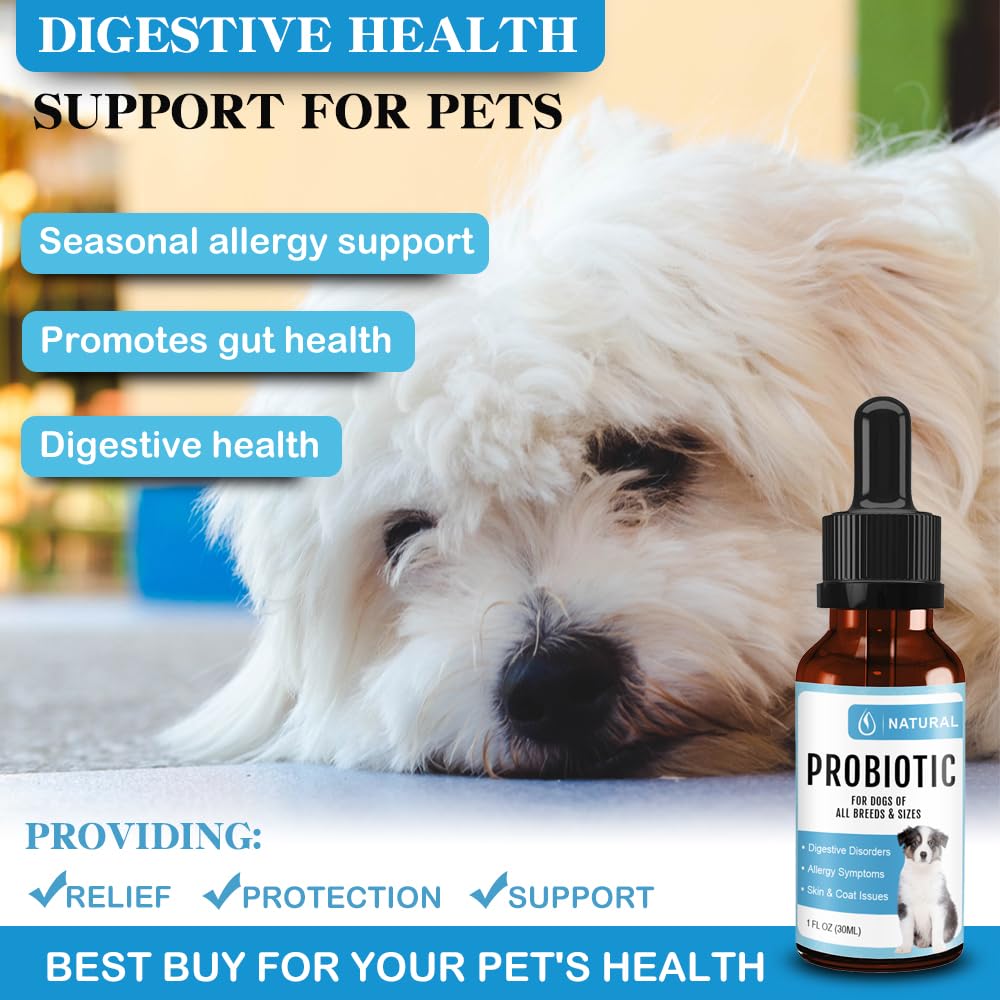 Probiotic for Dogs, Probiotic Drops for Dogs with Digestive Enzymes, Probiotics for Dogs Digestive Health, Diarrhea & Upset Stomach Relief + Gas, Constipation, and Allergy Relief.