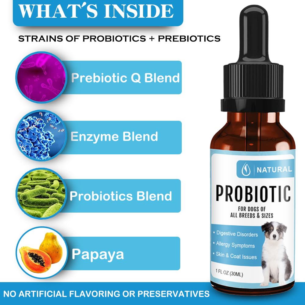 Probiotic for Dogs, Probiotic Drops for Dogs with Digestive Enzymes, Probiotics for Dogs Digestive Health, Diarrhea & Upset Stomach Relief + Gas, Constipation, and Allergy Relief.