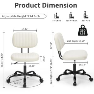 DUMOS Armless Home Office Chair Ergonomic Desk with Comfy Low Back Lumbar Support, Height Adjustable PU Leather Computer Task with 360° Swivel Wheels, for Small Space, Kids and Adults, Beige White