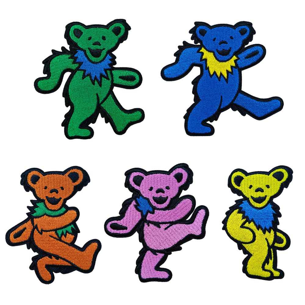 KLORIZ 5 PCS Bears Grateful Dead Embroidered Iron On Patches Punk Vest Biker Clothes Badge