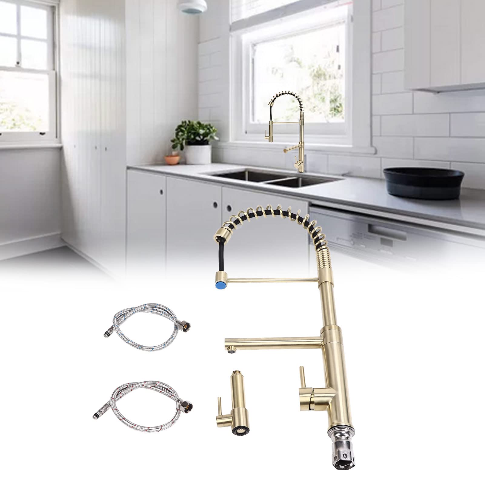 G1/2 Sink Faucet, Commercial Kitchen Faucet With Pull Down Sprayer, High Arc Single Handle Single Lever Spring Rv Kitchen Sink Faucet With Pull Out Sprayer, Cold Hot Basin Water Tap With Hose For Bath