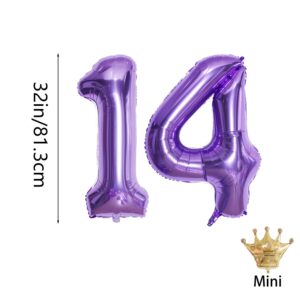 YFHVJTKO 32 Inch Number 14 Gold Crown Balloon Set,14th Celebration Decorations for Happy 14th Birthday Party Wedding Bridal Shower Engagement Photo Shoot Anniversary Decoration, Purple 14 Balloon