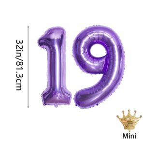 YFHVJTKO 32 Inch Number 19 Gold Crown Balloon Set,19th Celebration Decorations for Happy 19th Birthday Party Wedding Bridal Shower Engagement Photo Shoot Anniversary Decoration, Purple 19 Balloon