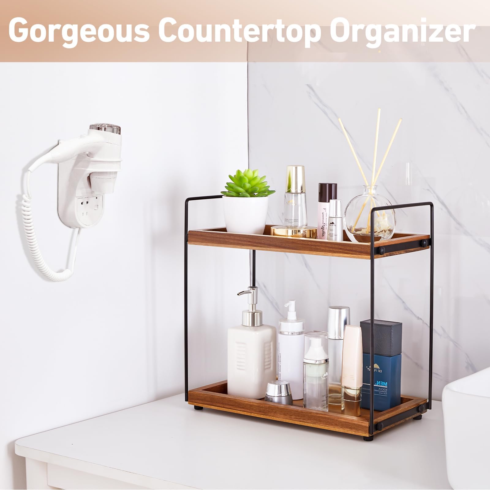 Bathroom Counter Organizer Countertop Storage - 2 Tier Bathroom Countertop Organizer Coffee Bar Organization Acacia Wood Counter Top Organizer Kitchen Spice Rack Vanity Shelf Toilet Vanity Organizer