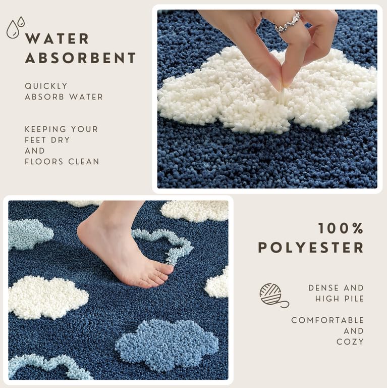 Cute Blue Area Rug, Funny Clouds Area Mats, Shaggy High Pile Non Slip Soft Absorbent Washable, Bedroom Bedside Bathroom Kids Gaming Nursery Room Rugs Home Decor Rug (Clouds, 40" x 40")