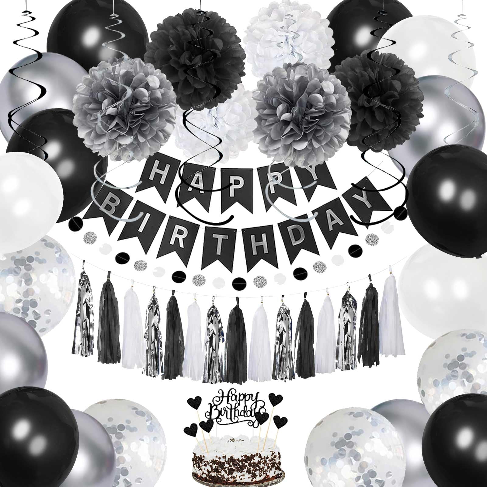 YGYXMY Birthday Decorations for Men | Black and Silver Happy Birthday Party Decorations | Black and White Birthday Party Supplies | Banner, Balloons, Tissue Pompoms, Swirls, Tassels Garland