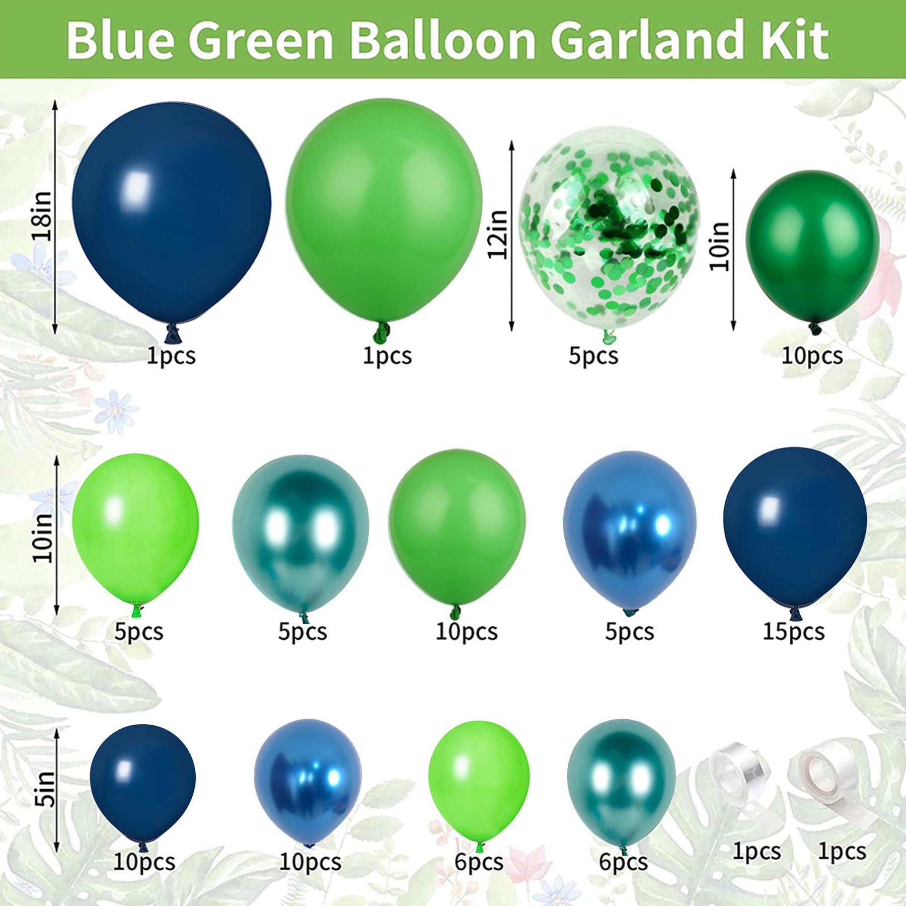 Green Dark Blue Balloon Garland Arch Kit, Dark Blue and Green Latex Balloons, Green Confetti Balloons for Wedding Birthday Festival Graduation Party Decorations