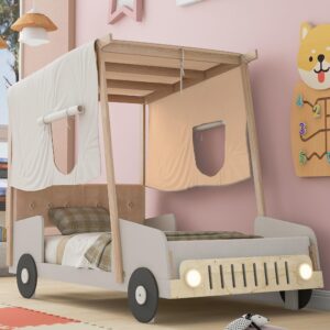 harper & bright designs twin size kids car bed with pillow, ceiling cloth and led light, twin playhouse bed frame, kids canopy bed, wood twin platform bed for kids boys girls teens (natural, twin)