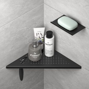 bernkot 10'' corner shower shelf w/soap holder, 304 stainless steel grout in shelf for bathroom, recessed shelf rack for tiled wall, no drilling needed (black)