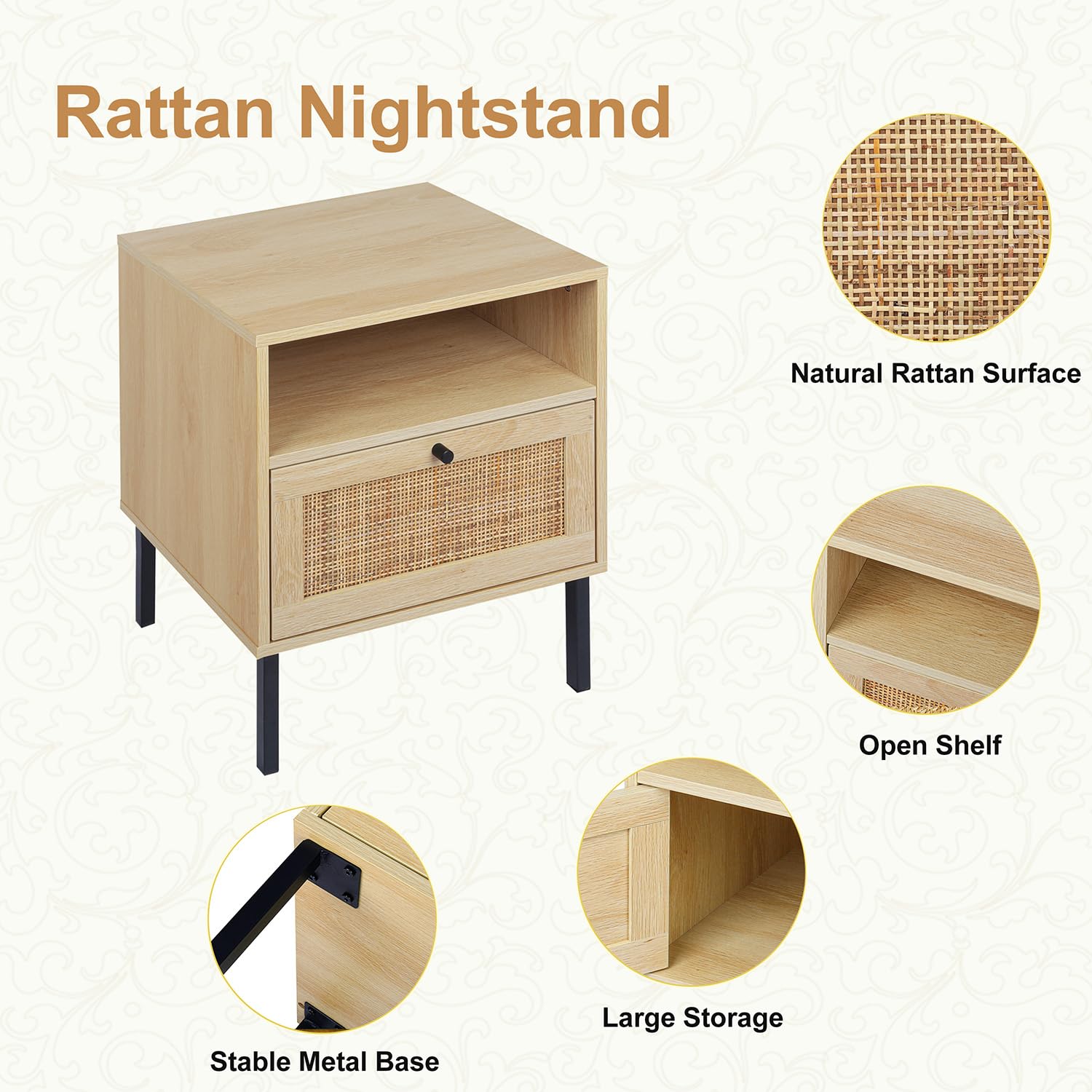 Rattan Nightstands Set of 2, Boho Night Stand with 1 Door, Accent End Table, Wood Bediside Table with Metal Legs&Open Shelf, Natural Wood