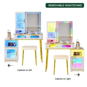 HNEBC Vanity Desk with RGB Lights,LED Makeup Vanity with Mirror and Drawers, RGB Makeup Desk with USB+Wireless Charging Station for Bedroom, Vanitys Table with Sensor Mode, Stool, White