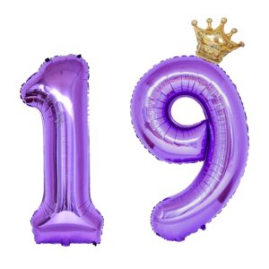 yfhvjtko 32 inch number 19 gold crown balloon set,19th celebration decorations for happy 19th birthday party wedding bridal shower engagement photo shoot anniversary decoration, purple 19 balloon