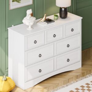 LGHM Modern 7 Drawer Dresser, Dressers for Bedroom, Chest of Drawers Closet Organizers and Storage Clothes - Easy Pulls Handle, Textured Borders Living Room, Hallway, White