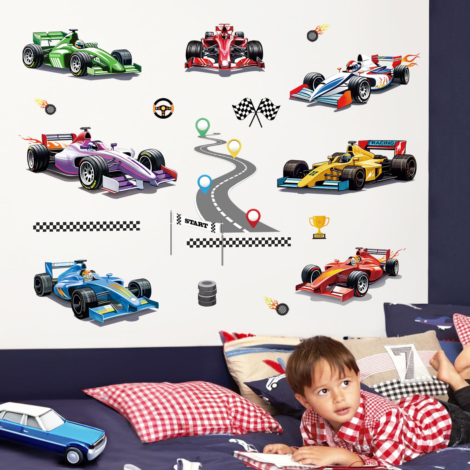 wondever Racing Car Wall Stickers Vehicles Roads Peel and Stick Wall Art Decals for Kids Bedroom Boys Room Playroom