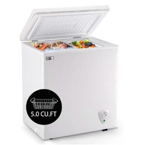 chest freezer 5.0 cu.ft small deep freezer white top door mini freezer with removable basket, low noise, 7 adjustable temperature and energy saving perfect for home garage basement dorm or apartment