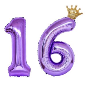 yfhvjtko 32 inch number 16 gold crown balloon set,16th celebration decorations for happy 16th birthday party wedding bridal shower engagement photo shoot anniversary decoration, purple 16 balloon