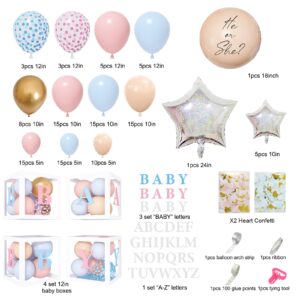 Amandir 164PCS Gender Reveal Baby Boxes Balloon Decorations, Gender Reveal Balloon Garland Kit 4pcs Baby Boxes with Letters (A-Z+Baby) for Baby Shower Birthday He or She Gender Reveal Party Supplies