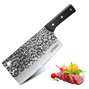 kitory cleaver knife, 7" light weight chinese chefs knife, hand forged blade with guard, full tang high carbon stainless steel kitchen knife, 2024 gifts for women and men