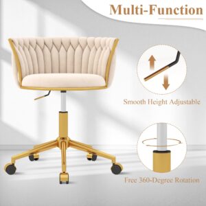 ABET Desk Chair with Wheels, Modern Velvet Office Chair for Desk, Hand Woven Vanity Makeup Chair for Girls Women Bedroom, 360° Swivel & Height Adjustable Gold Base Task Armchair, Beige