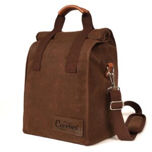 corebes insulated lunch bag for men/women, 11l waxed canvas lunch box with adjustable shoulder strap & double hook-and-loop handles for work picnic hiking brown