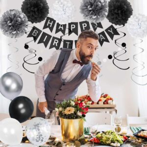 YGYXMY Birthday Decorations for Men | Black and Silver Happy Birthday Party Decorations | Black and White Birthday Party Supplies | Banner, Balloons, Tissue Pompoms, Swirls, Tassels Garland