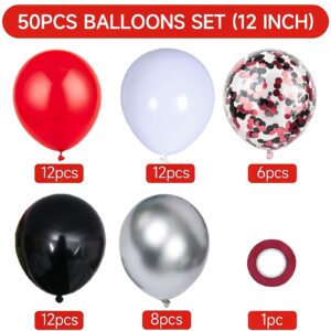 50pcs 12inch Red Black White Silver Balloons and Black Red Confetti Balloons for Graduation Wedding Birthday Baby Shower Party Decorations