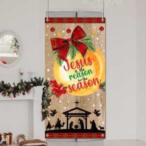 Jesus Is The Reason for The Season Banner, Baby Jesus Christmas Door Decorations,Willow Red Bowknot Holy Nativity Scene Backdrop for Xmas village background Winter Holiday Party Supplies