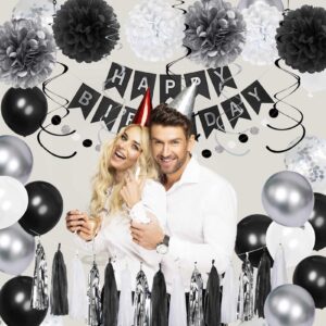 YGYXMY Birthday Decorations for Men | Black and Silver Happy Birthday Party Decorations | Black and White Birthday Party Supplies | Banner, Balloons, Tissue Pompoms, Swirls, Tassels Garland