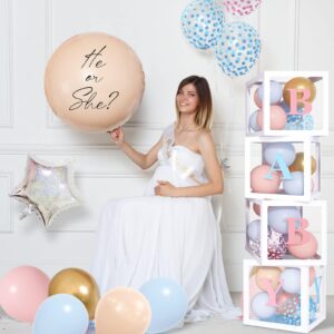 Amandir 164PCS Gender Reveal Baby Boxes Balloon Decorations, Gender Reveal Balloon Garland Kit 4pcs Baby Boxes with Letters (A-Z+Baby) for Baby Shower Birthday He or She Gender Reveal Party Supplies