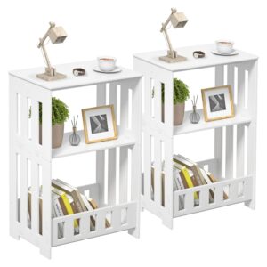 hayofamy side table night stand set of 2, 3 tier narrow end table with display shelf, small bookcase bookshelf, simple bedside table storage rack for bedroom, living room, office, bathroom, white