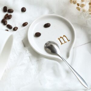 collective home - ceramic coffee spoon rest, monogram ceramic spoon holder, 3.8 inches coffee spoon holder, mini teaspoon rest, small spoon holder for stove coffee bar (m)