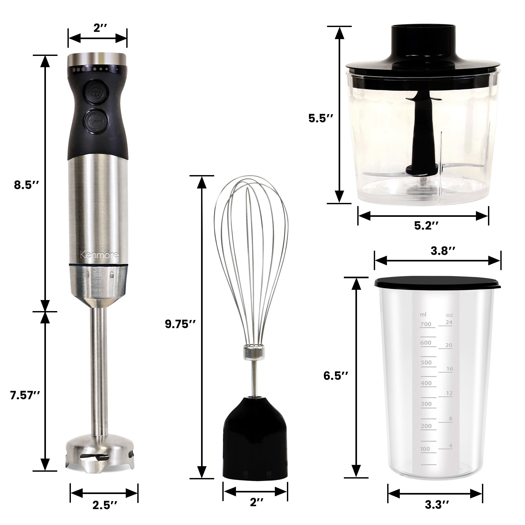 Kenmore Immersion Hand Blender Mixer Variable Speed Blender Handheld Blending Stick Smoothie Food Chopper Whisk 700mL Beaker Lid Baby Food Red Sauces Puree Soup Quad Blade Kitchen Black Silver