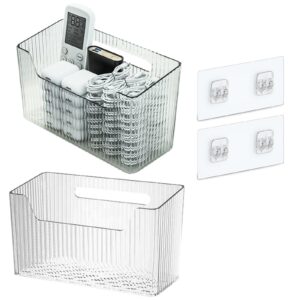 set of 2 storage organizer bins wall mounted organizer basket, shower caddy stackable clear plastic makeup organizer adhesive hanging bin for bathroom, kitchen, cabinet, pantry, bpa free, large, clear