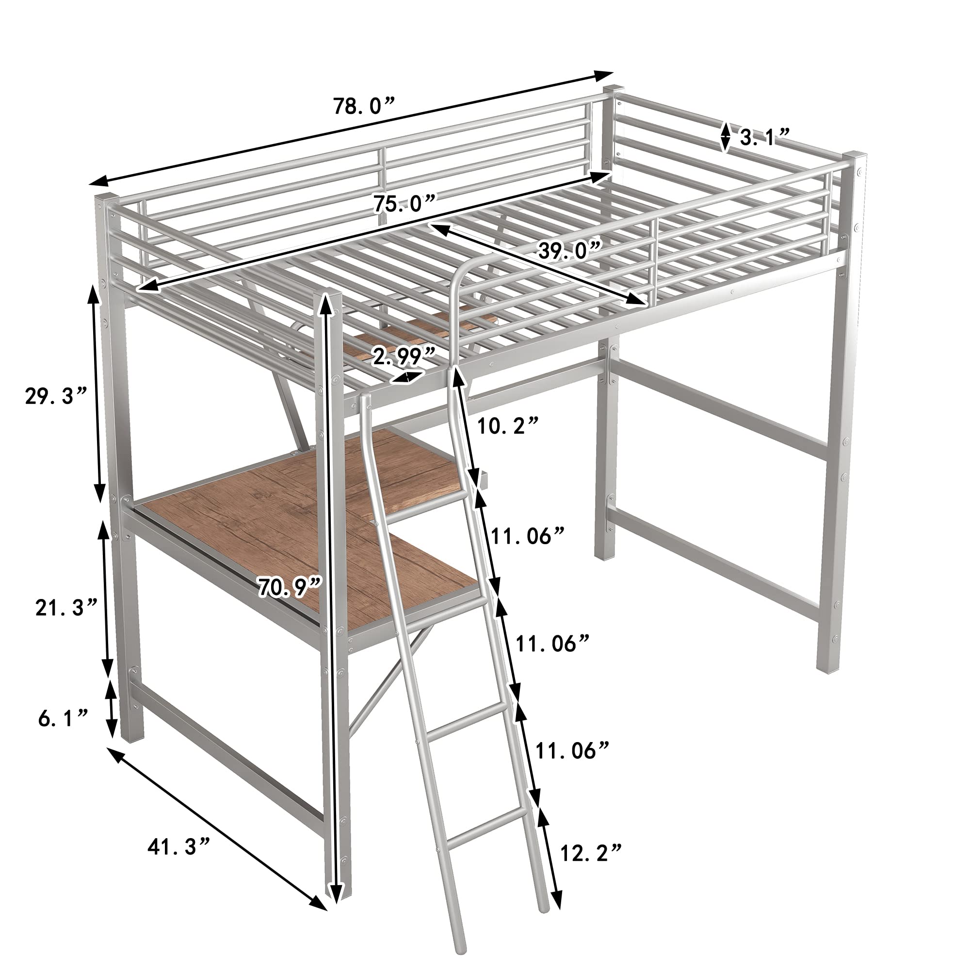 Twin Size Loft Metal&MDF Bed with Desk and Shelf,Space-Saving Furniture for Teen bedrooms.No Box Spring (Silver~P)