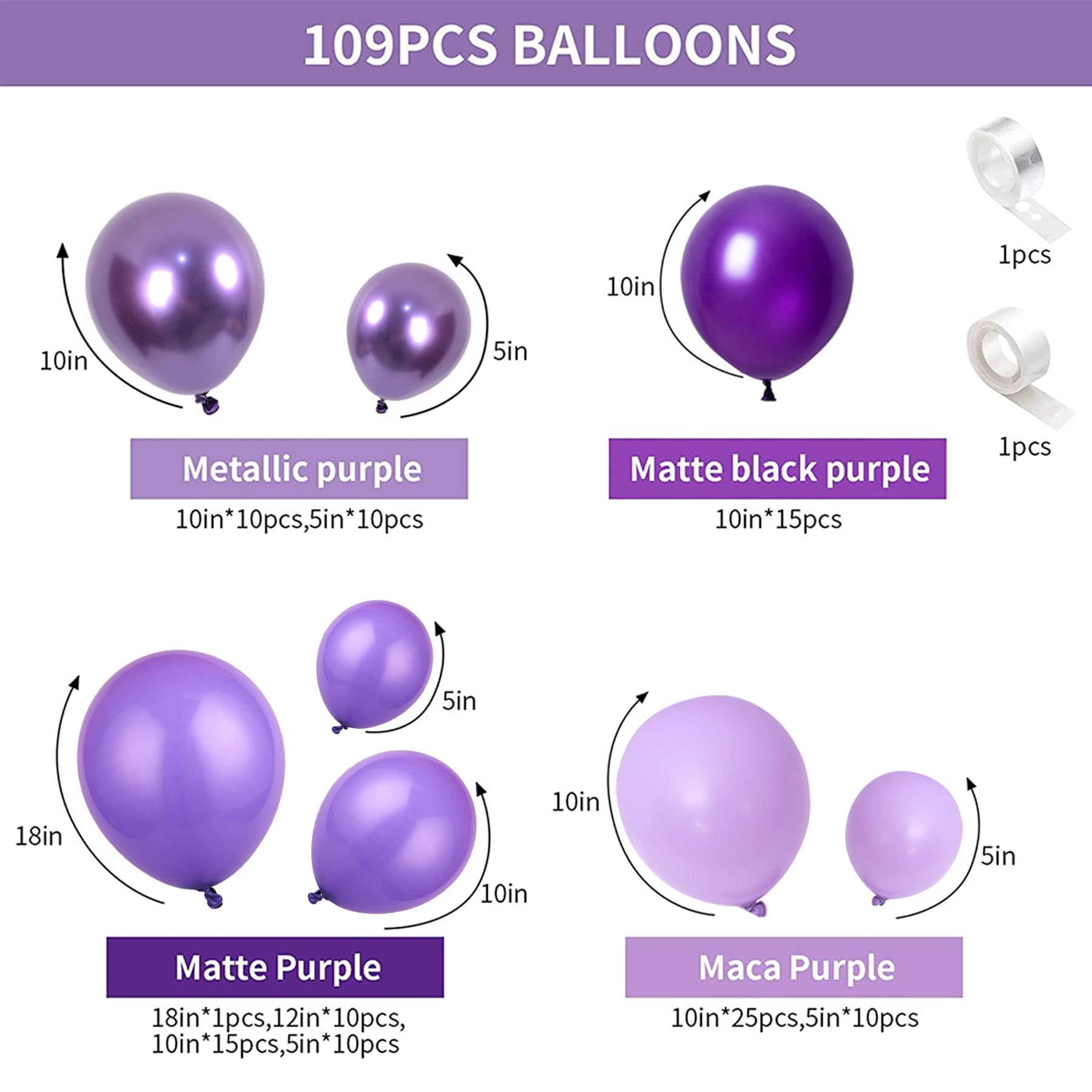 Purple Balloon Garland Arch Kit, Matte Dark Purple and Matte Purple Latex Balloons, Metallic Purple Balloons and Macaron Purple Balloons for Wedding Birthday Festival Graduation Party Decorations