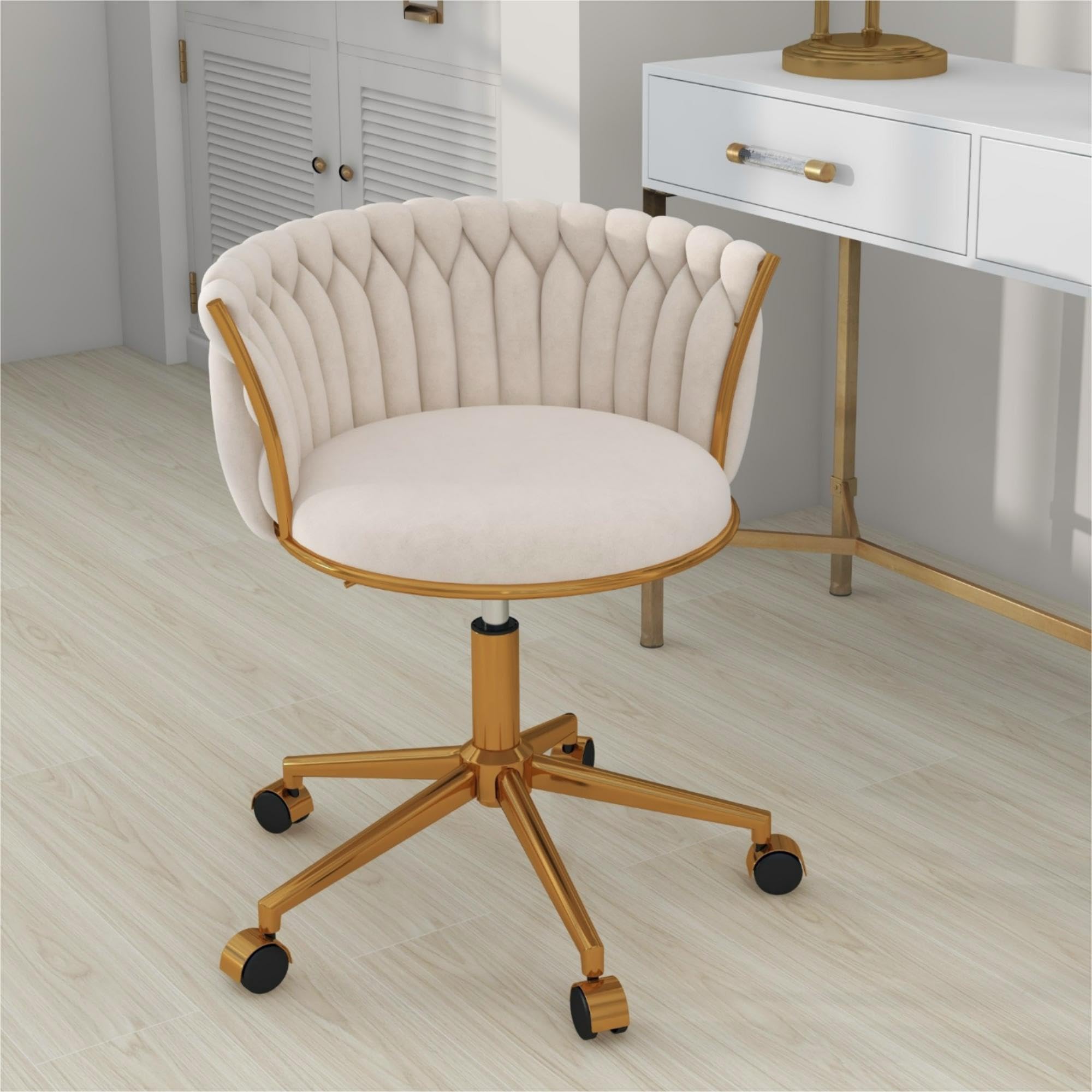 ABET Desk Chair with Wheels, Modern Velvet Office Chair for Desk, Hand Woven Vanity Makeup Chair for Girls Women Bedroom, 360° Swivel & Height Adjustable Gold Base Task Armchair, Beige