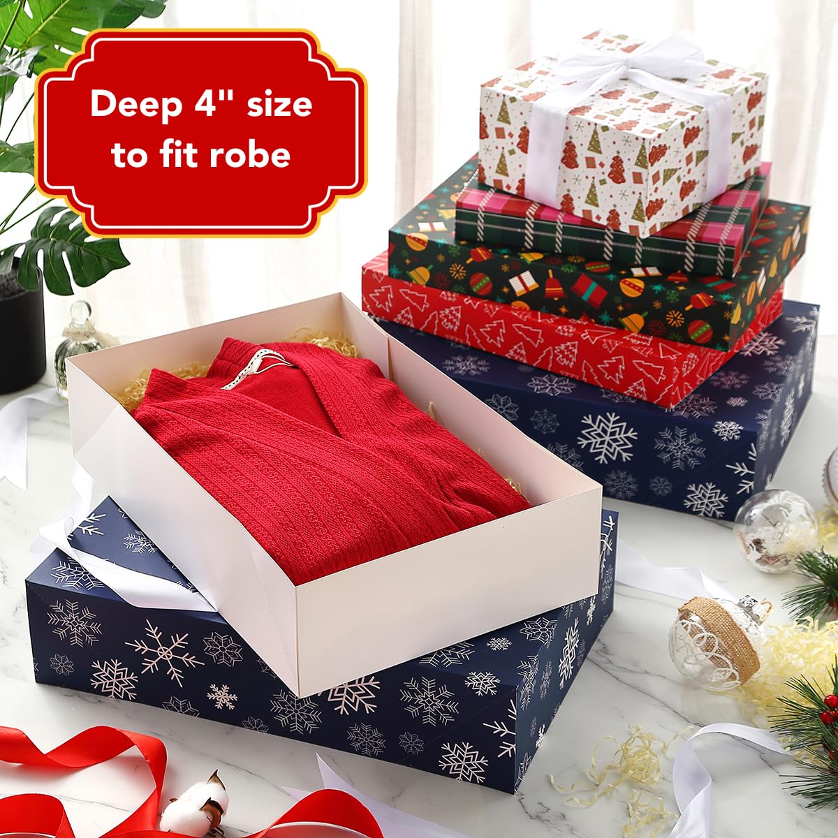 NUJOVI 13 Piece Christmas Gift Boxes with Lids - Beautiful Assorted Boxes for Wrapping Gifts with 4 inch Deep Robe Boxes and 8x8x4 Gift Box - Gift Boxes for Presents, Shirt, Robe, Lingerie, etc