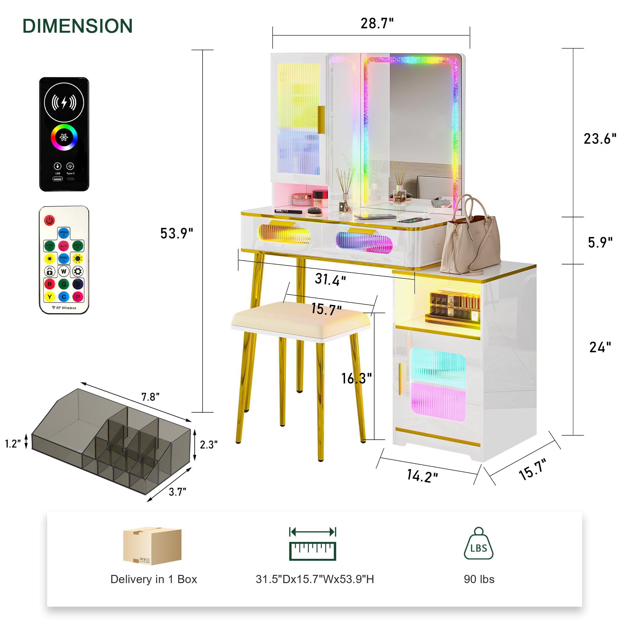 HNEBC Vanity Desk with RGB Lights,LED Makeup Vanity with Mirror and Drawers, RGB Makeup Desk with USB+Wireless Charging Station for Bedroom, Vanitys Table with Sensor Mode, Stool, White