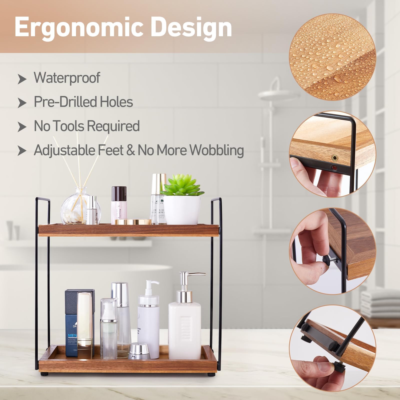 Bathroom Counter Organizer Countertop Storage - 2 Tier Bathroom Countertop Organizer Coffee Bar Organization Acacia Wood Counter Top Organizer Kitchen Spice Rack Vanity Shelf Toilet Vanity Organizer