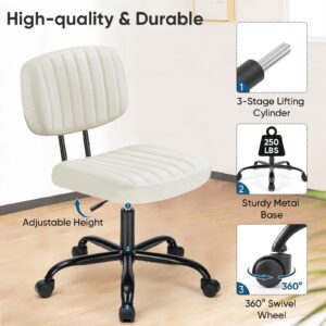 DUMOS Armless Home Office Chair Ergonomic Desk with Comfy Low Back Lumbar Support, Height Adjustable PU Leather Computer Task with 360° Swivel Wheels, for Small Space, Kids and Adults, Beige White