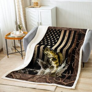 homewish hunting fishing throw blanket,bass fish blankets,vintage american flag fleece blanket for kids boys men adult bedroom decor,brown deer antler sherpa blanket,for chair/sofa,40"×50"