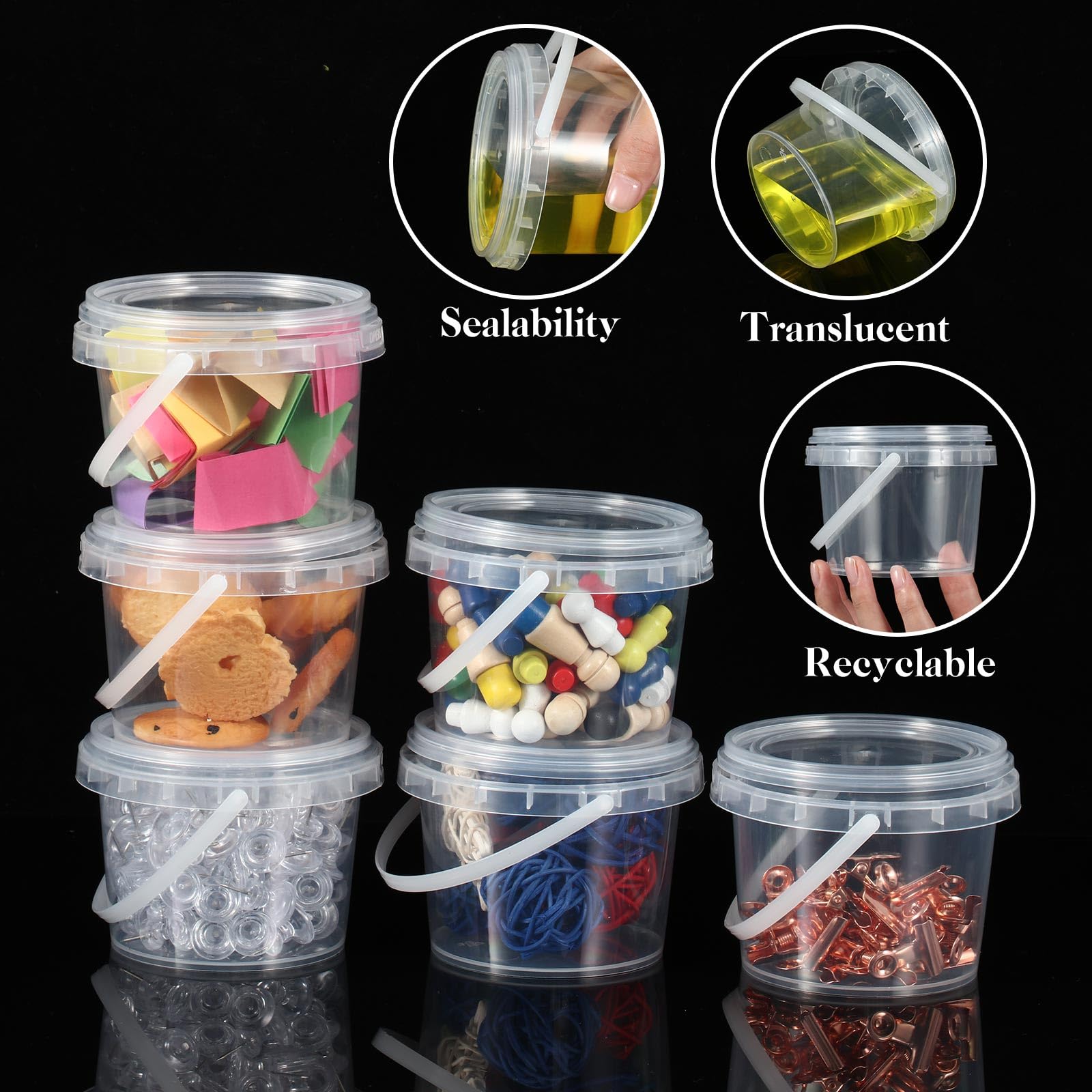 Maxcheck 100 Pcs 10 oz Containers Bulk with Lids and Handles Plastic Clear 300ml Storage Bucket Storage Containers Mini Storage Case for DIY Art Craft, Pigment, Small Tools, Part Material