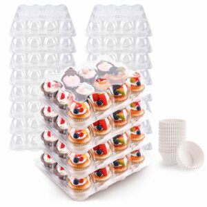 nplux 12 count cupcake containers 12 pack cupcake holders plastic stackable cupcake boxes with detachable tall dome lids and 144 liners for 144 cupcakes, bpa free, standard size