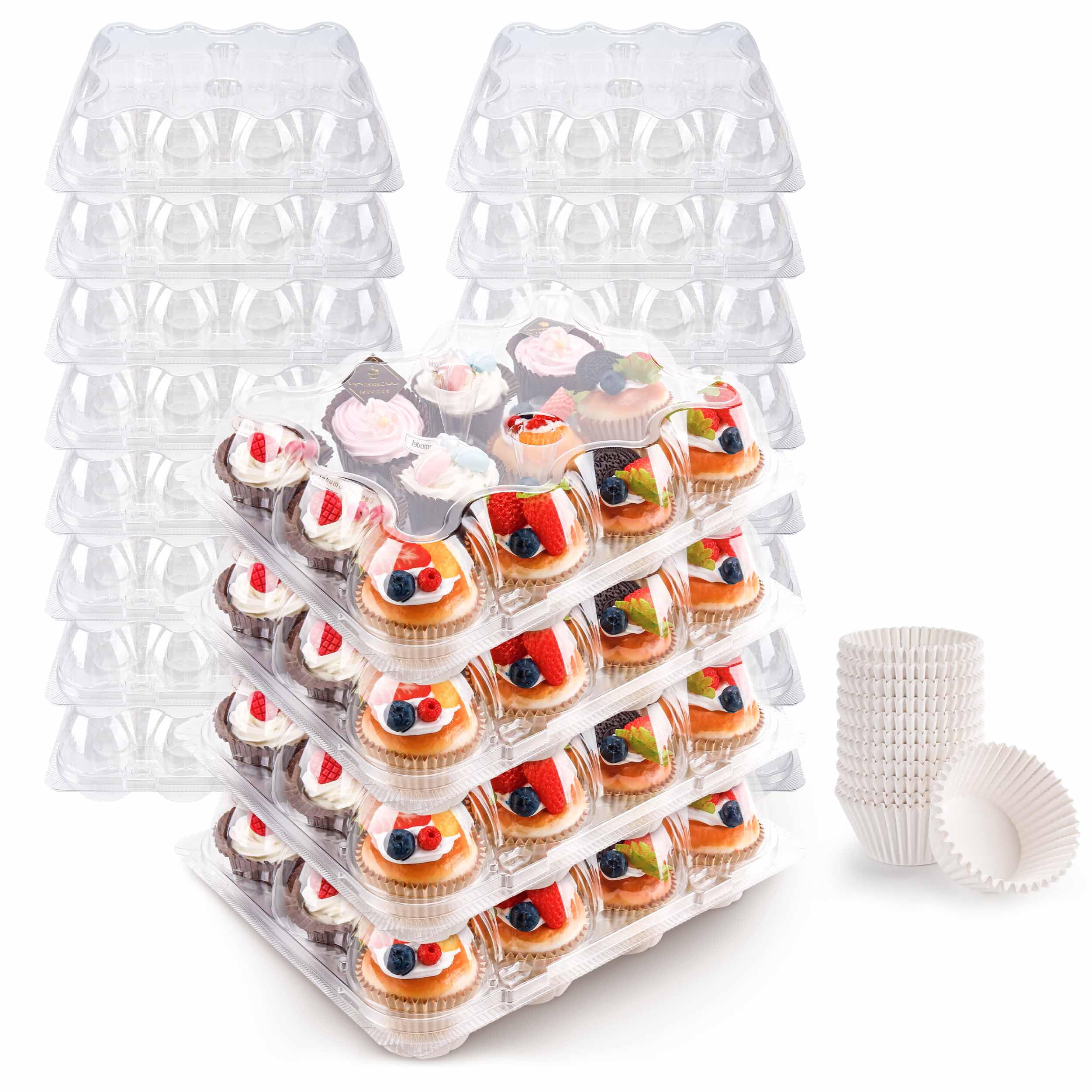 NPLUX 12 Count Cupcake Containers 12 Pack Cupcake Holders Plastic Stackable Cupcake Boxes with Detachable Tall Dome Lids and 144 Liners for 144 Cupcakes, BPA Free, Standard Size