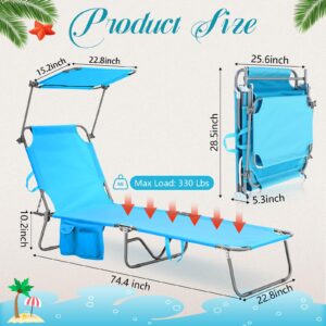 Wenqik 2 Pcs Foldable Beach Lounge Chair with 360° Canopy Sun Shade, Side Pocket, Carry Handle Beach Sunbathing Recliner Tanning Chair 4 Position Adjustable Backrest for Outside, Patio, Poolside